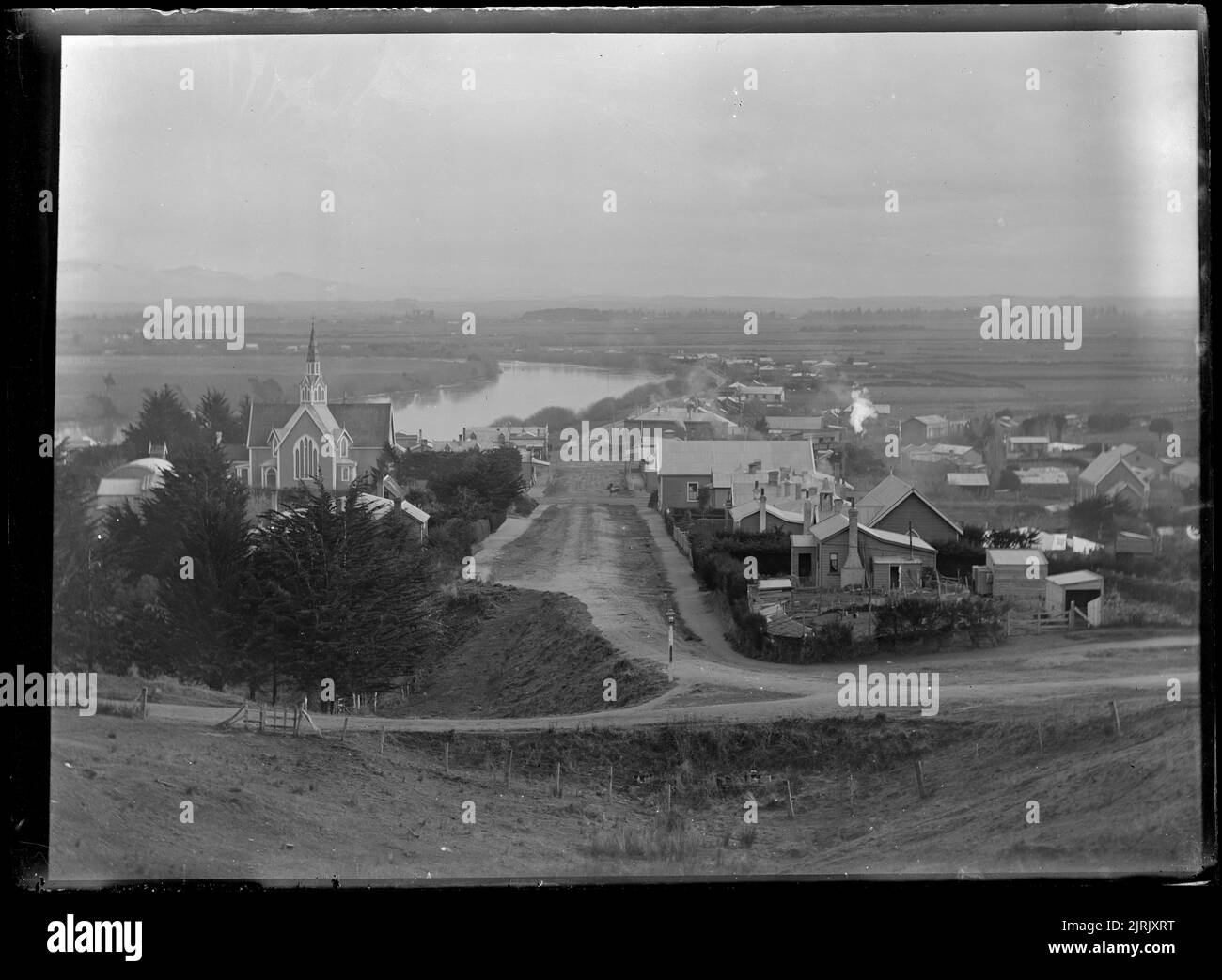 Church surrounded by large trees, 1880-1925, New Zealand, by Crombie ...