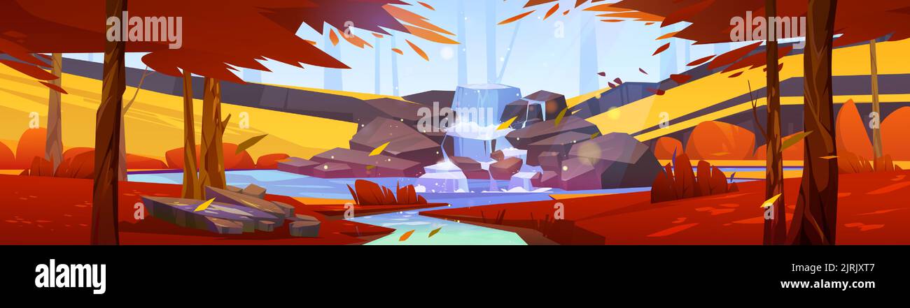 Waterfall cascade in autumn forest. Cartoon landscape with river stream ...