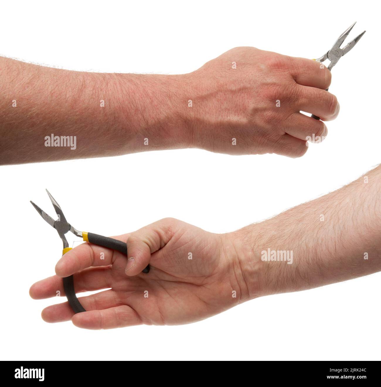 Human hand holding small steel pliers with black rubbers handles ...