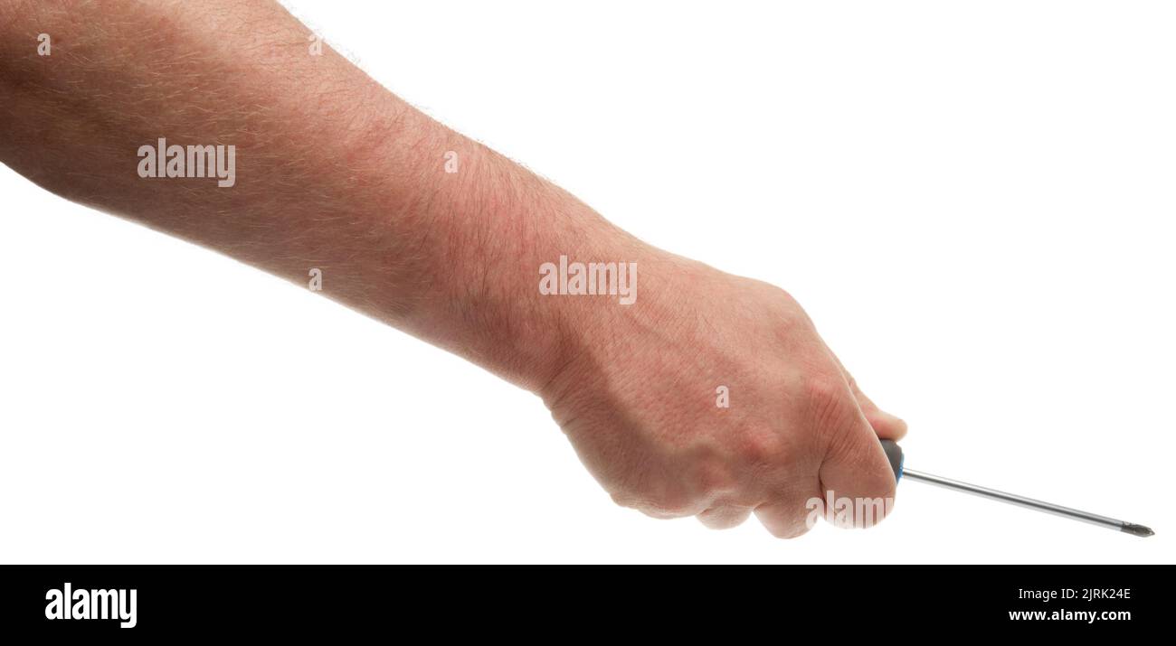 Close up of human hand holding steel crosshead screwdriver with black ...