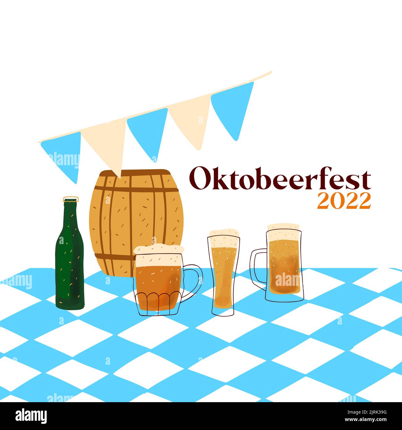 Octoberbeerfest illustration with stylized beer mugs, barrel and bottle ...