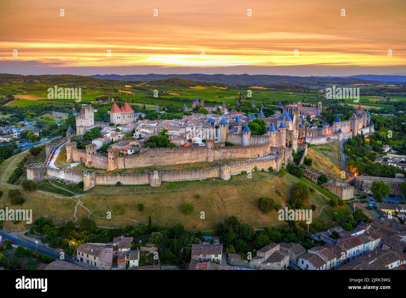 Medieval castle town of Carcassone at sunset, France Stock Photo - Alamy
