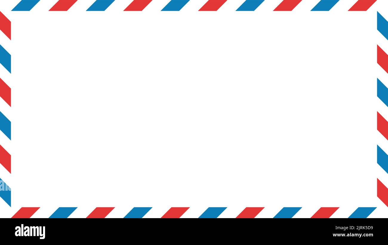 Airmail envelope frame with blue and red stripes on white background ...