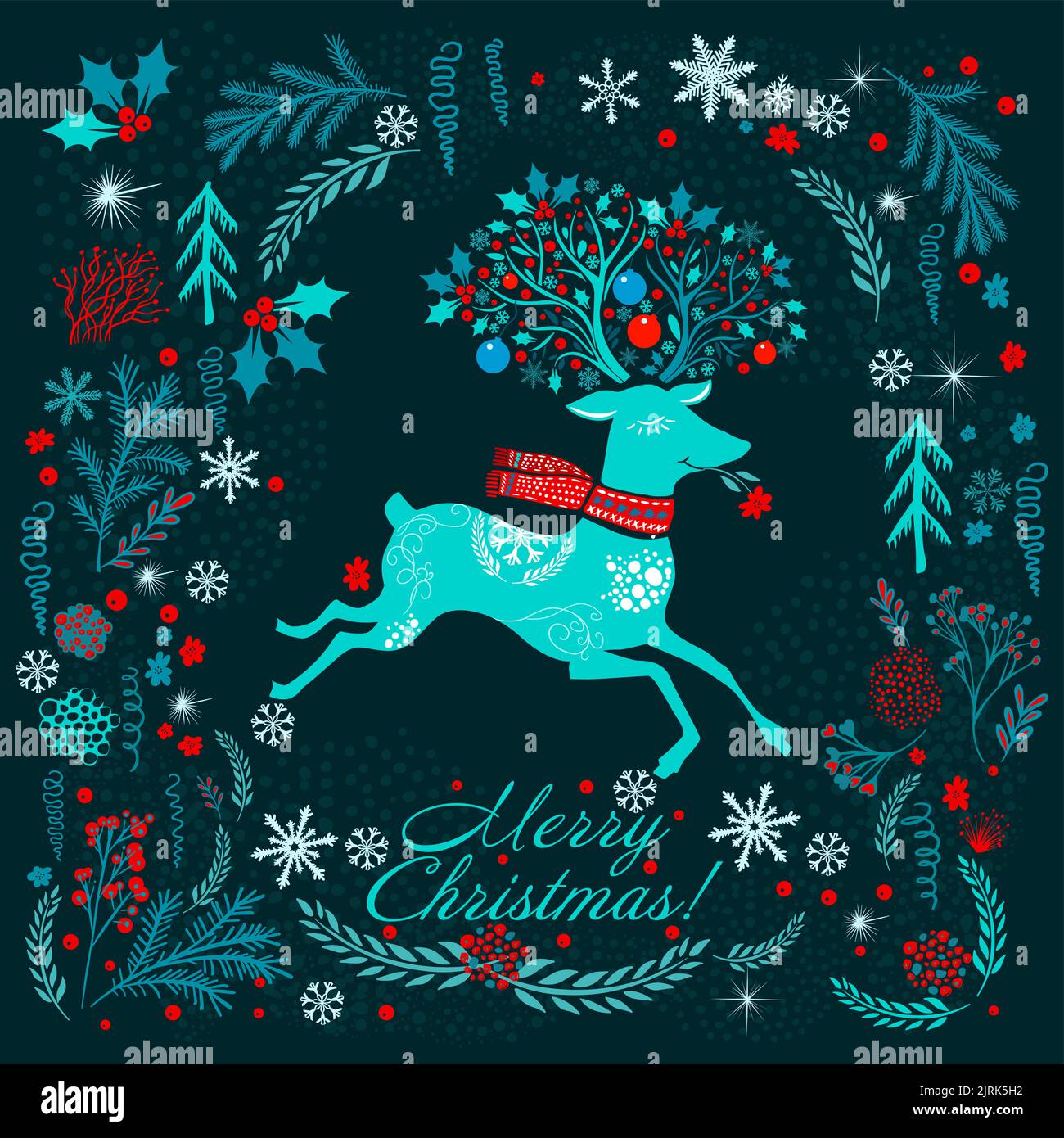 Merry Christmas postcard. Cute deer. Vector illustration. Greeting card ...