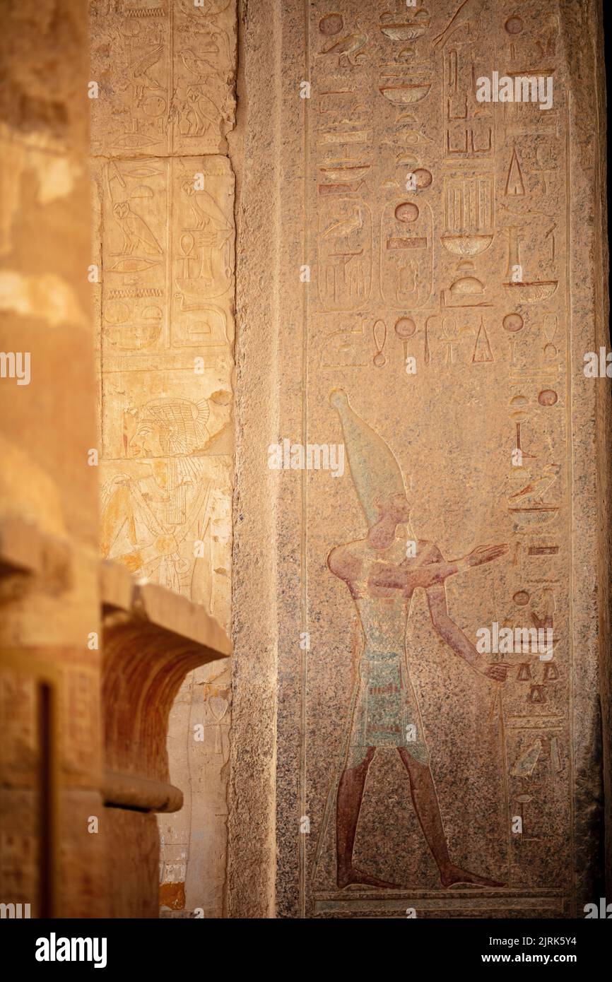 Beautiful mural, hieroglyphs inside the temple of Hatshepsut. Jeser ...