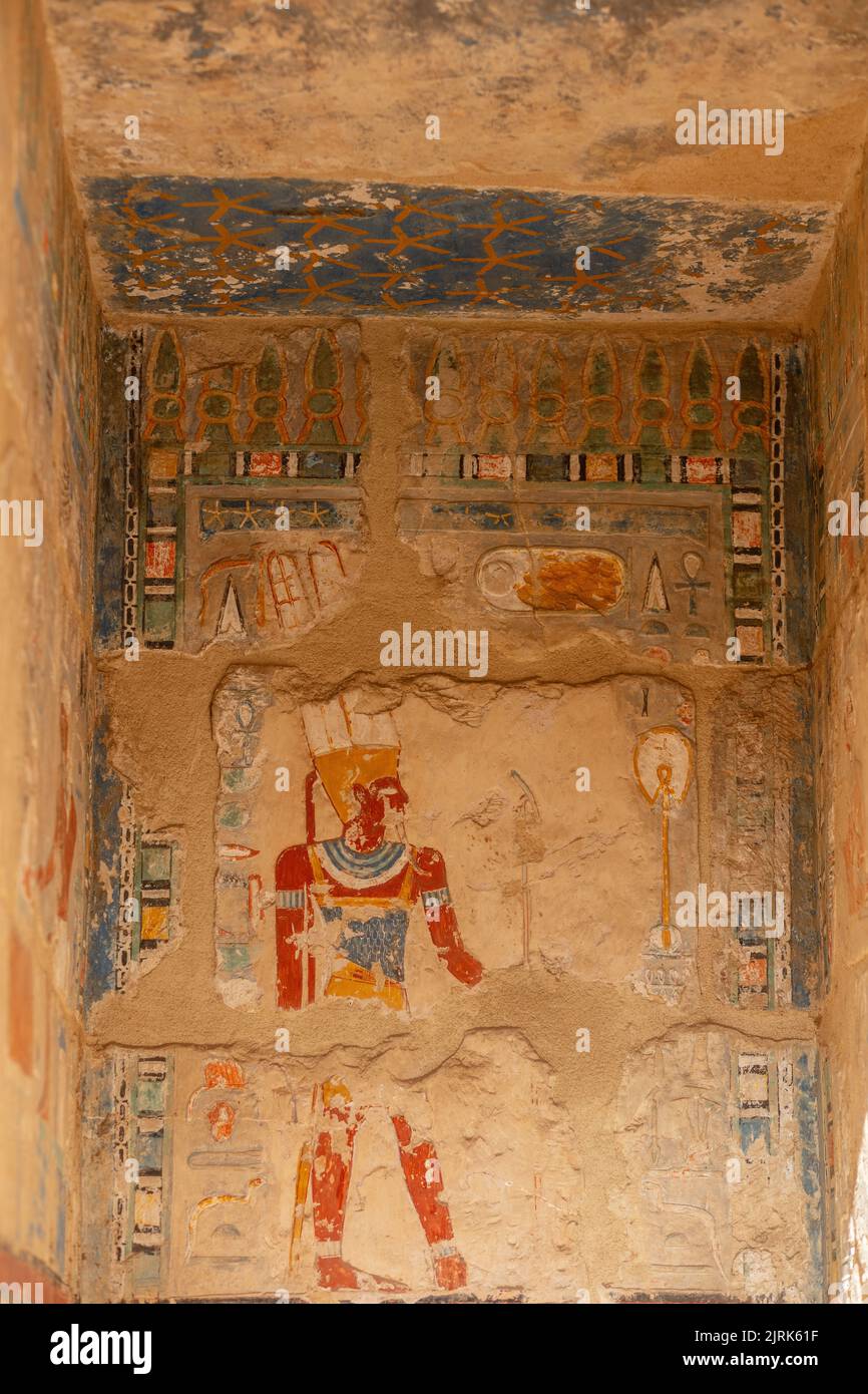 Beautiful mural, hieroglyphs inside the temple of Hatshepsut. Jeser ...