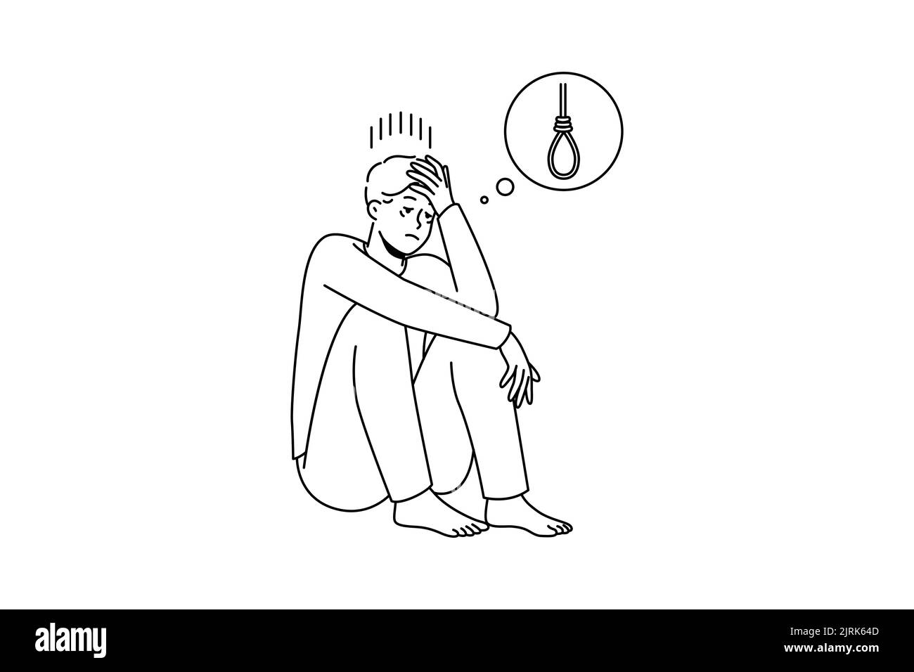 Depressed young man thinking of suicide. Unwell sad male feel ...