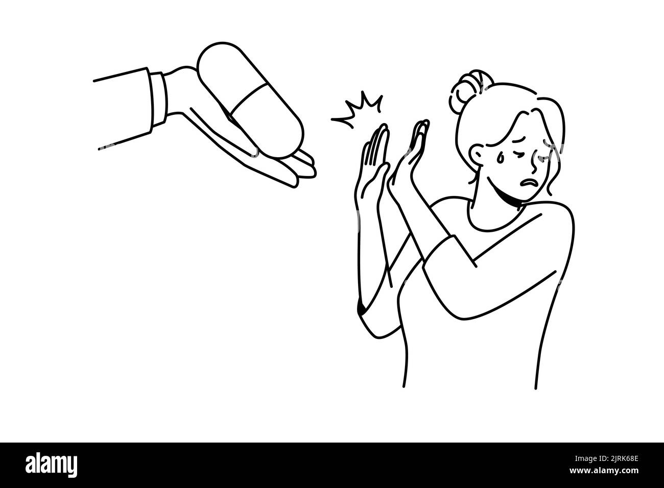 Unhappy woman refuse taking medication offered by doctor. Anxious ...