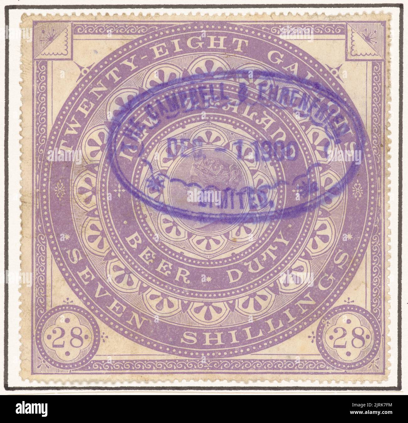 Beer duty stamp, twenty-eight gallons, 1883, New Zealand, by Bock and ...