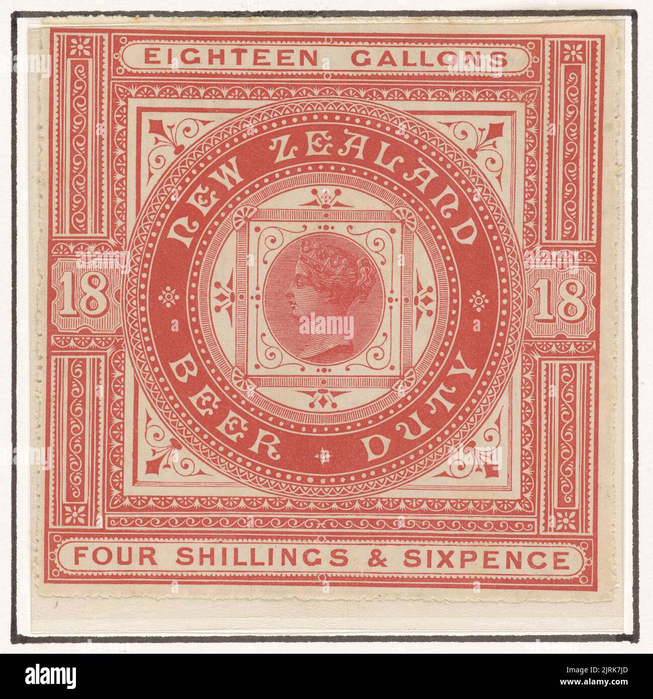 Beer duty stamp, eighteen gallons, 1883, New Zealand, by Bock and ...