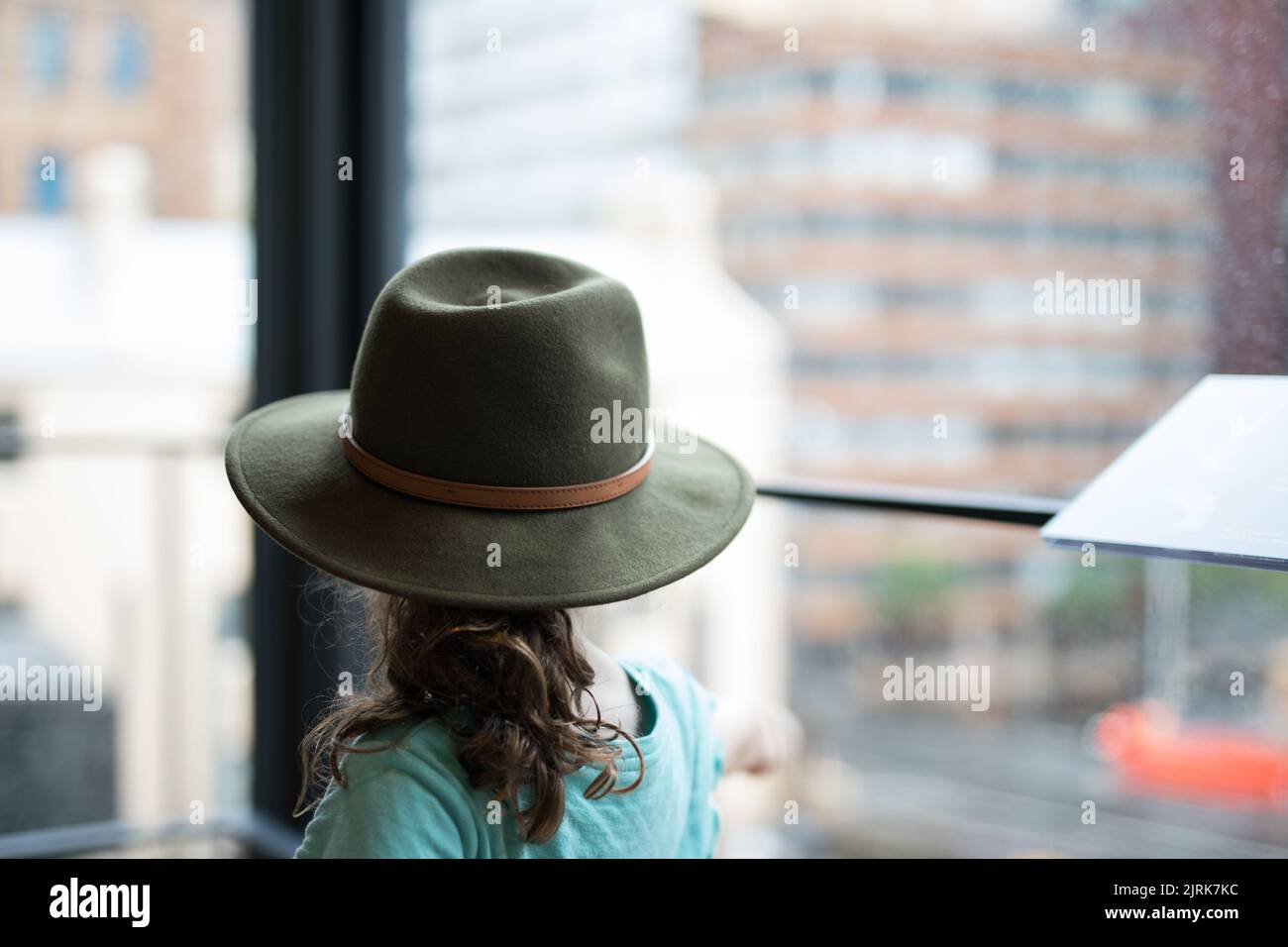 A Caucasian girl with a hat seen from behind, looking out of panoramic ...