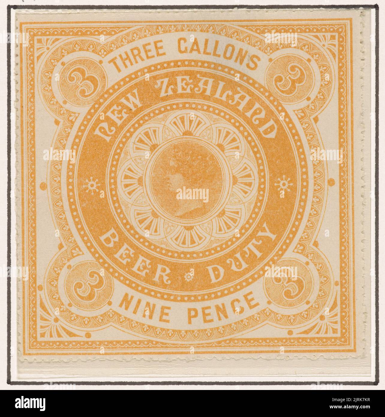 Beer duty stamp, three gallons, 1883, New Zealand, by Bock and Cousins ...