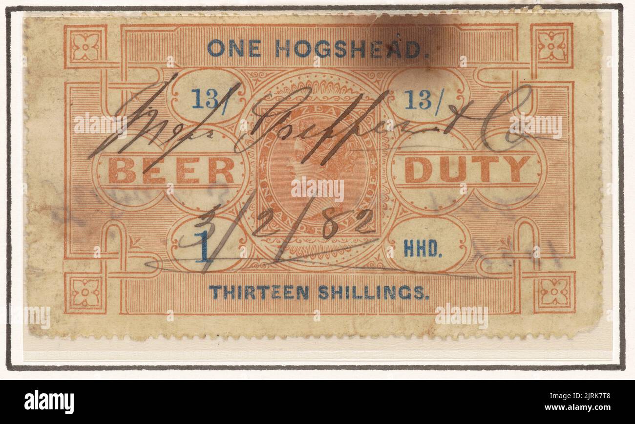 Beer duty stamp, one hogshead, 1880, New Zealand, by William Bock ...