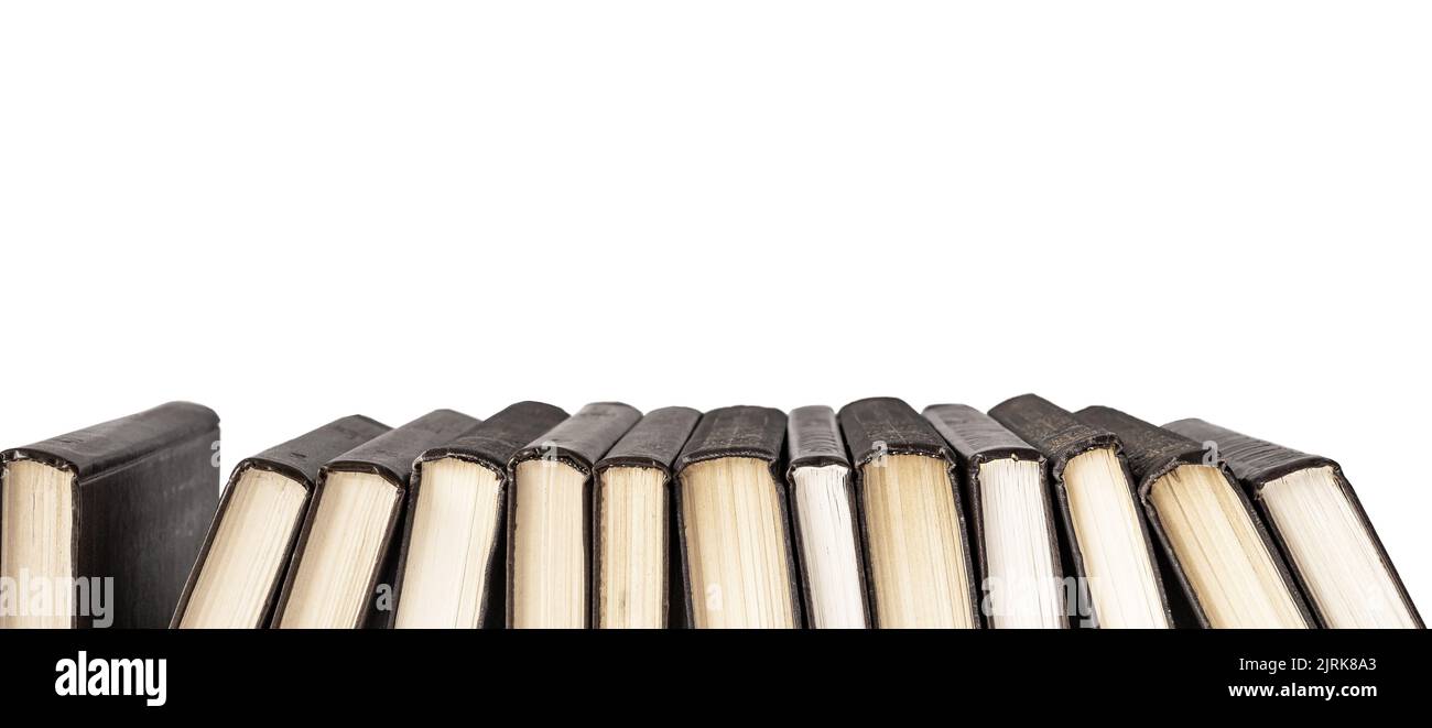 Hardcover books row isolated on white background. Reading, study, intellectual development ...