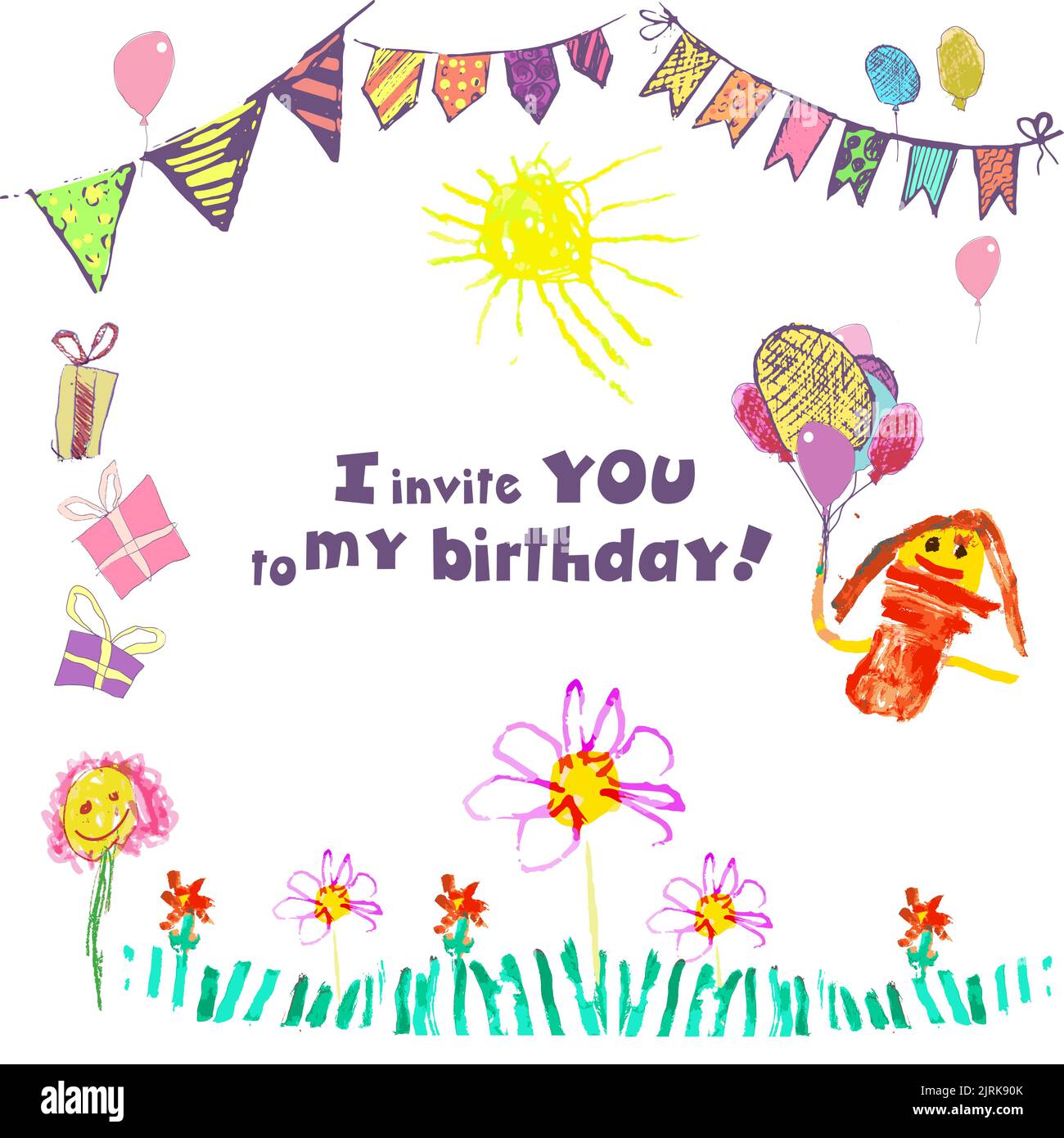 Birthday invitation. Children's drawings. Vector illustration Stock ...