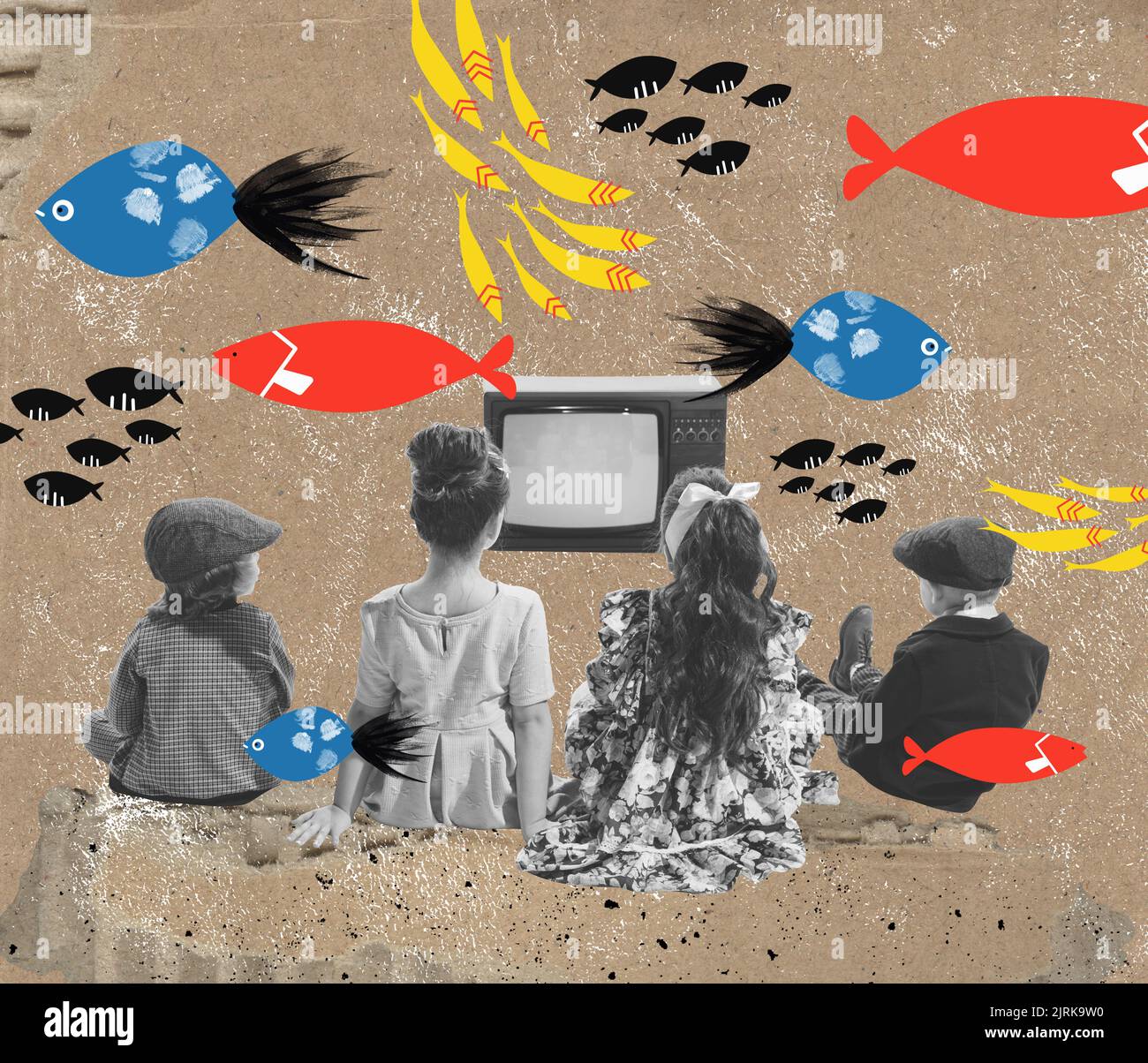 Art collage with cute school age kids watching retro tv set isolated on ...