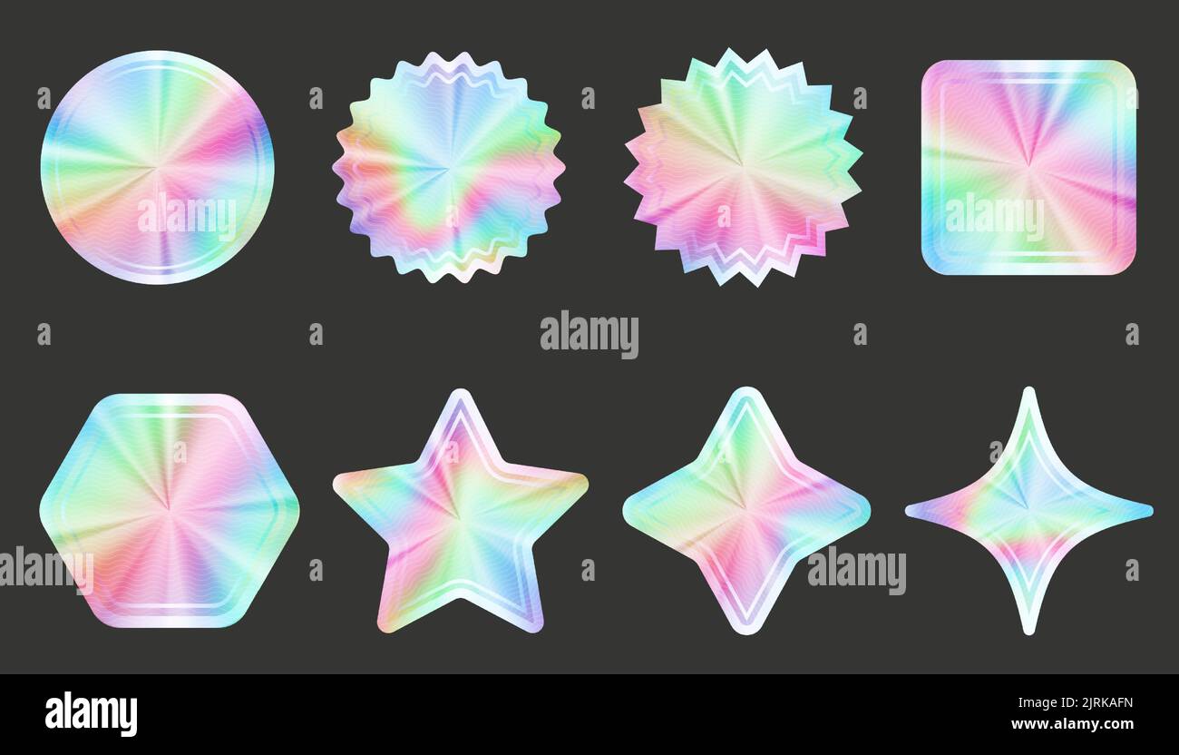 Holographic stickers set. Silver label gradient stamps. Metal texture ...