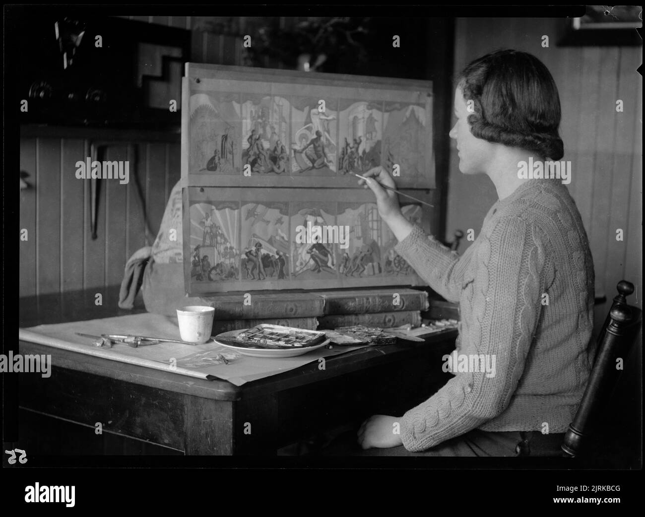 Nancy Adkin painting the winning design for Centennial Exhibition mural ...