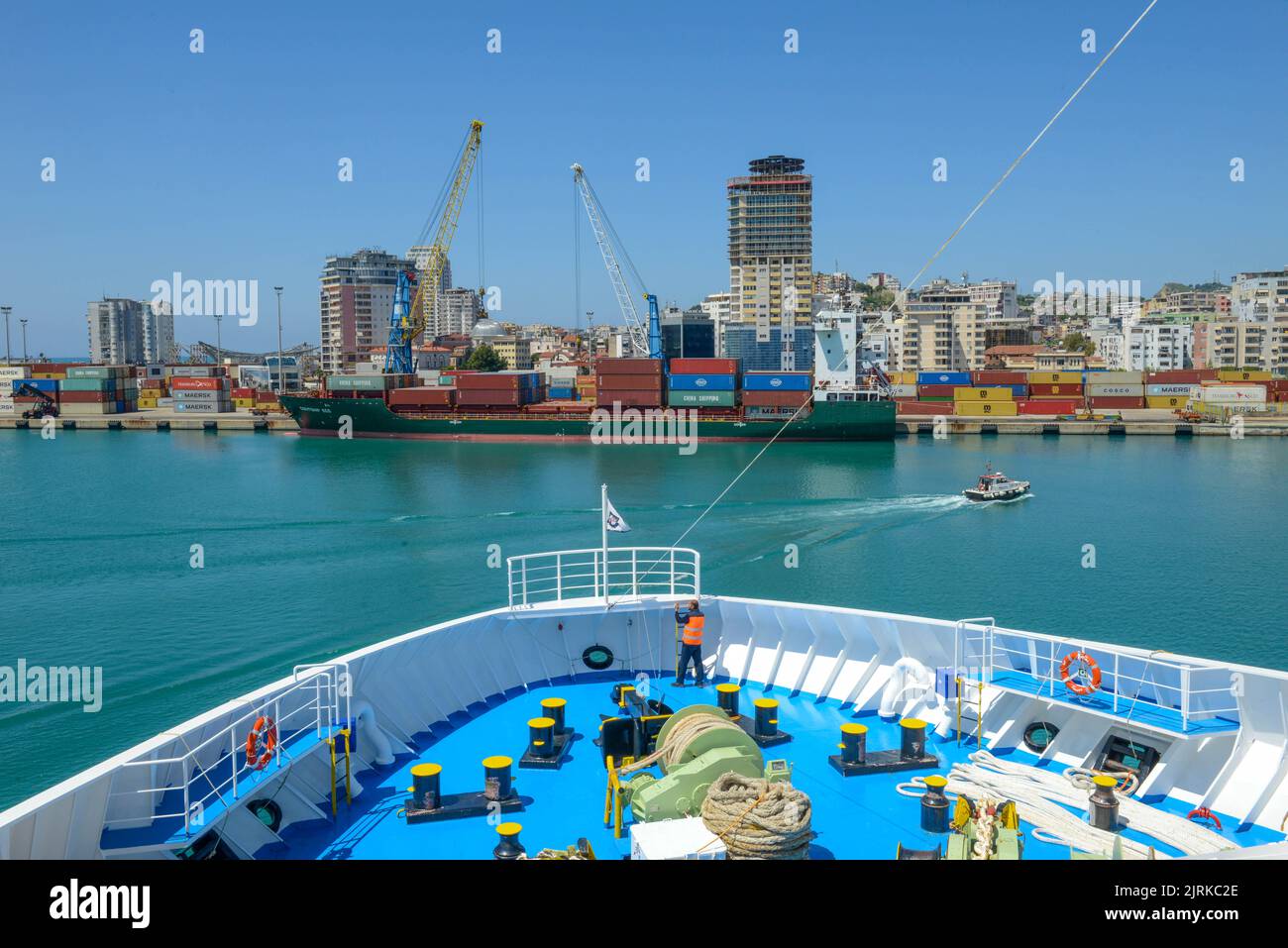 Durres, Albania - 5 May 2022: a ferry enters the port of Durres on ...