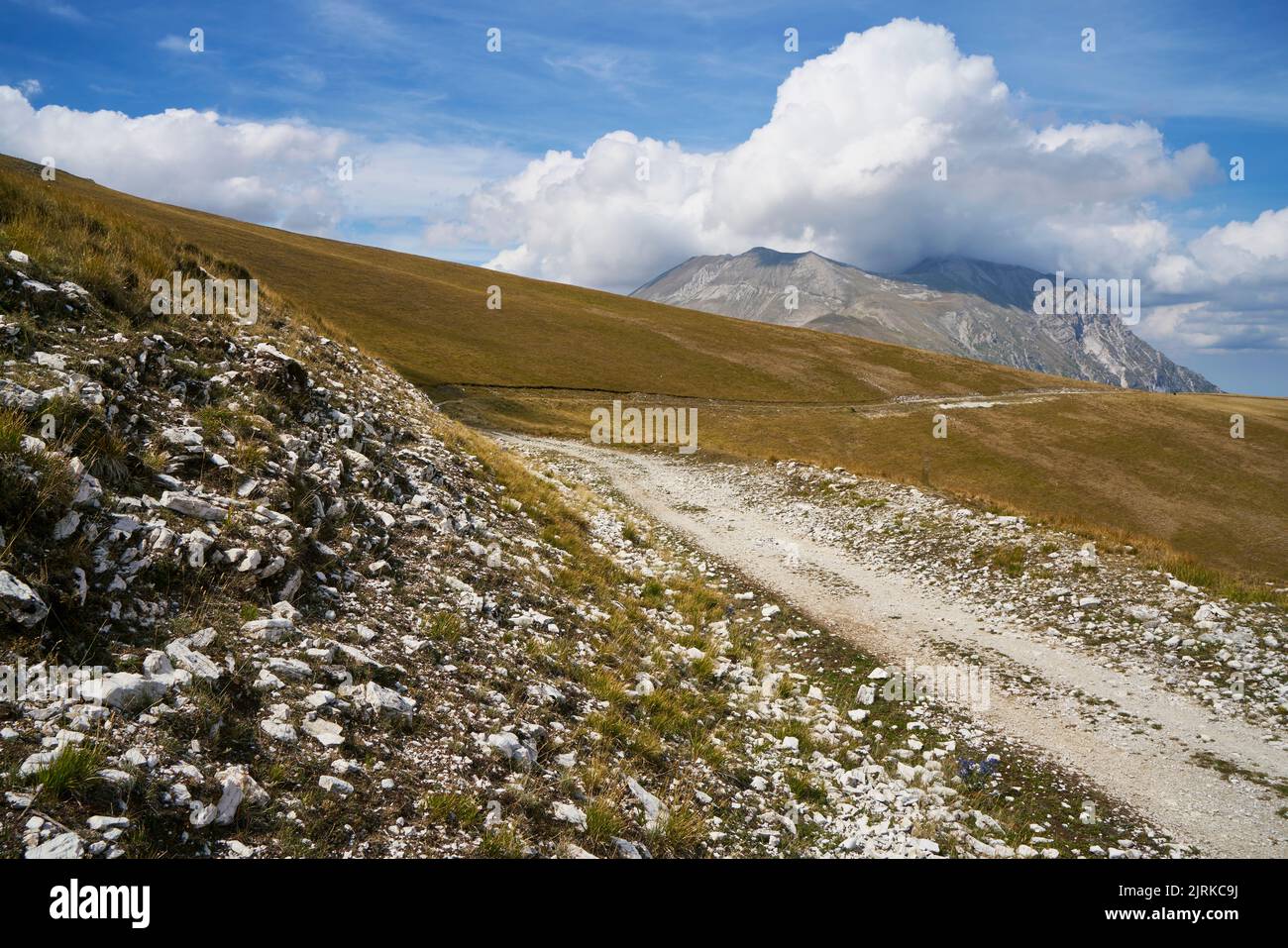 Walking path at Monti Sibillini national park in the summer with mount ...