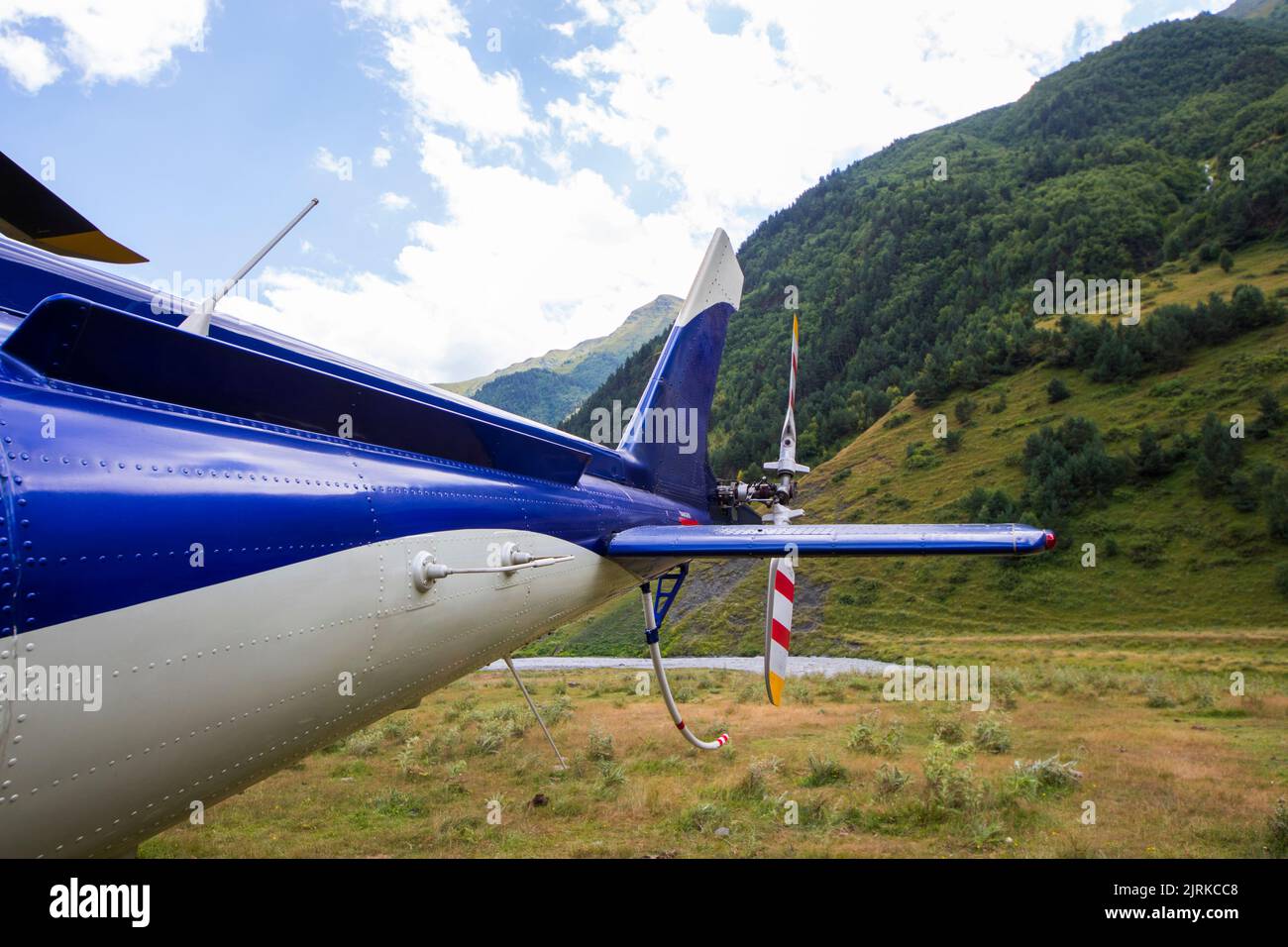 Helicopter tail close-up, blue and white helicopter view Stock Photo ...