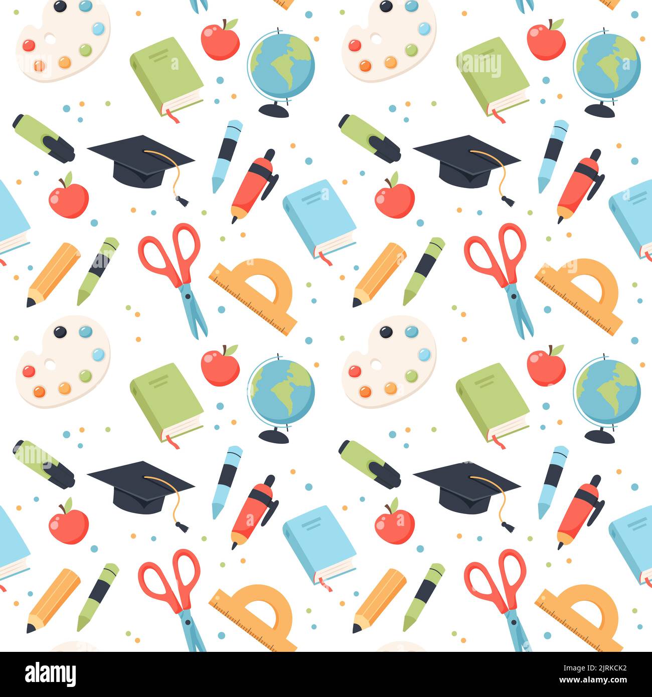 School seamless pattern. Supplies and equipment for learning. Cute vector illustration in flat ...