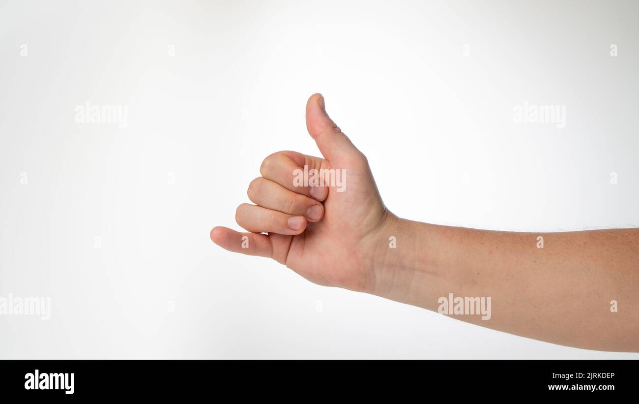 man's hand gesture greeting surfers shaka thumb and little finger ...