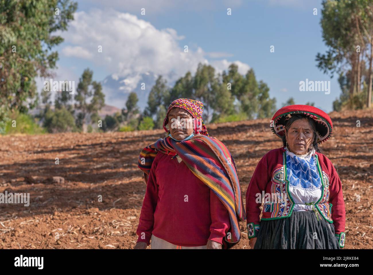 Couple of aged Peruvian farmers in bright traditional clothes standing ...