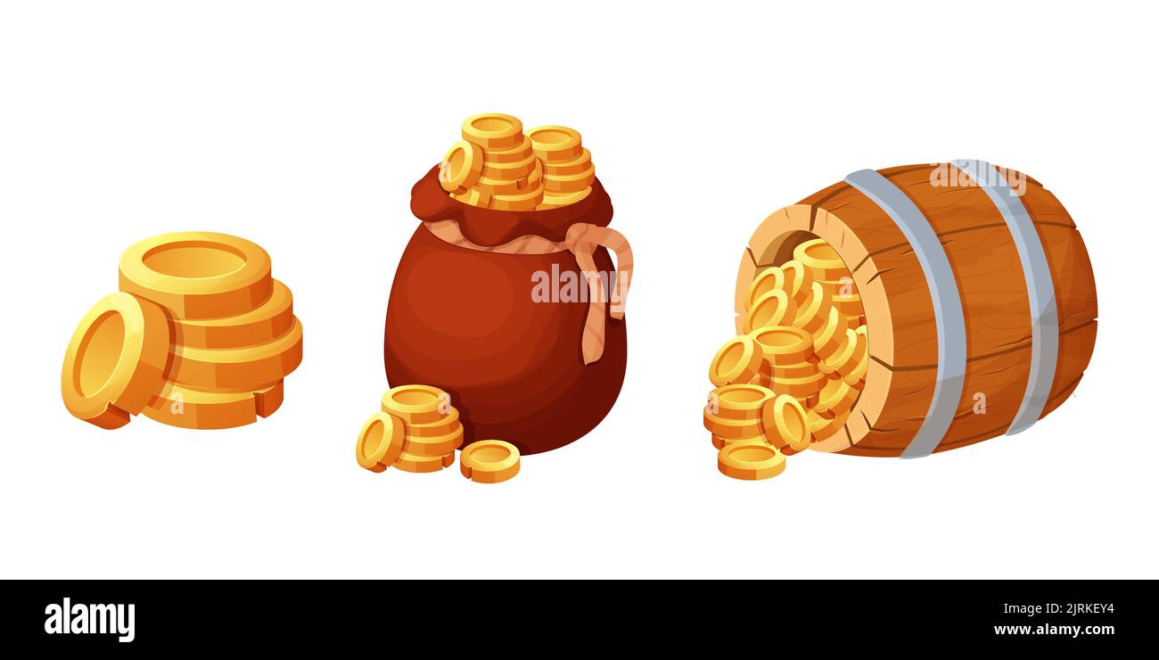 Set wooden barrel with treasure gold coins, old bag, sack in cartoon ...