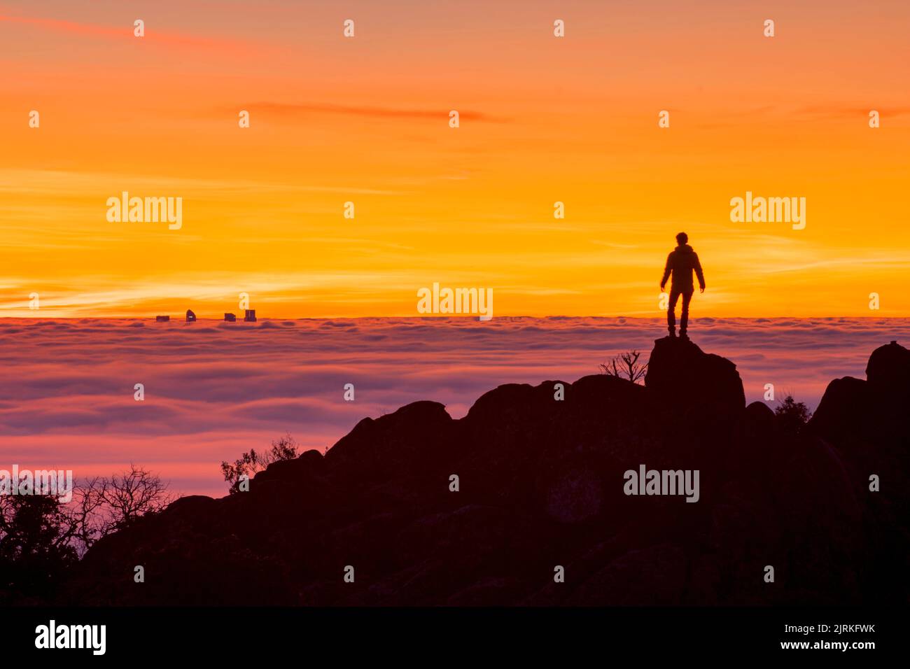 Back view of silhouette of male tourist standing on top of rock and ...