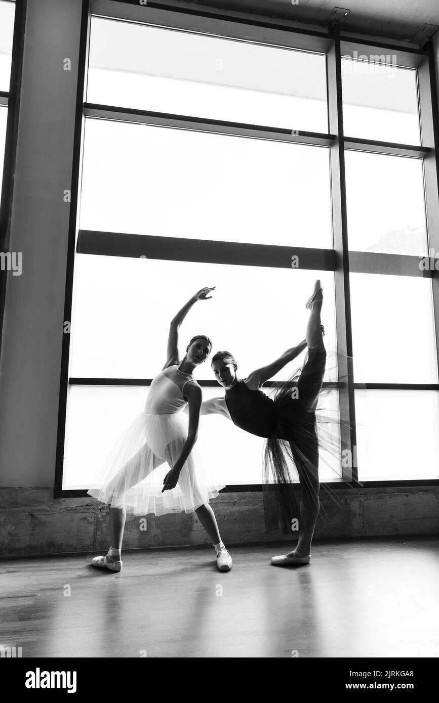 Black and white photo of two elegant young ballerinas posing at a dance ...