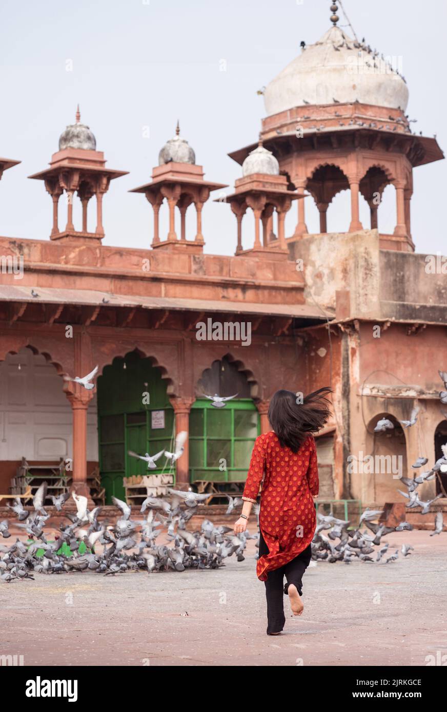 Back view of anonymous barefoot woman running towards flock of pigeons ...