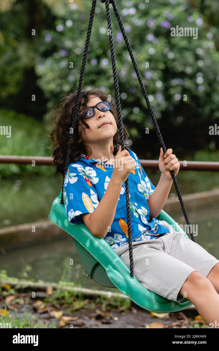 Side view of calm little boy with curly hair in casual clothes and ...