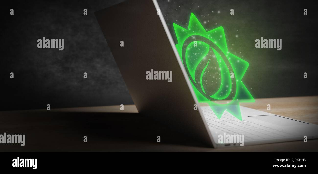 Solar Energy Glowing glowing outside laptop screen 3D Render Stock ...