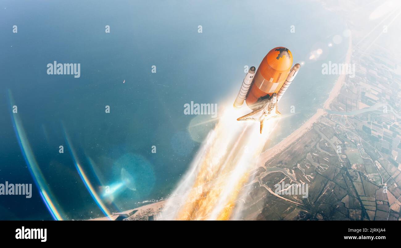 Spaceship taking off from Earth heading for Mars. Mission to Mars Stock ...