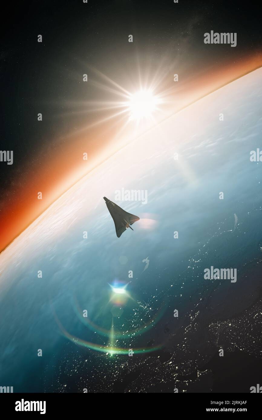 Spaceship Orbiting around Earth at dawn. Mission to Mars Stock Photo ...
