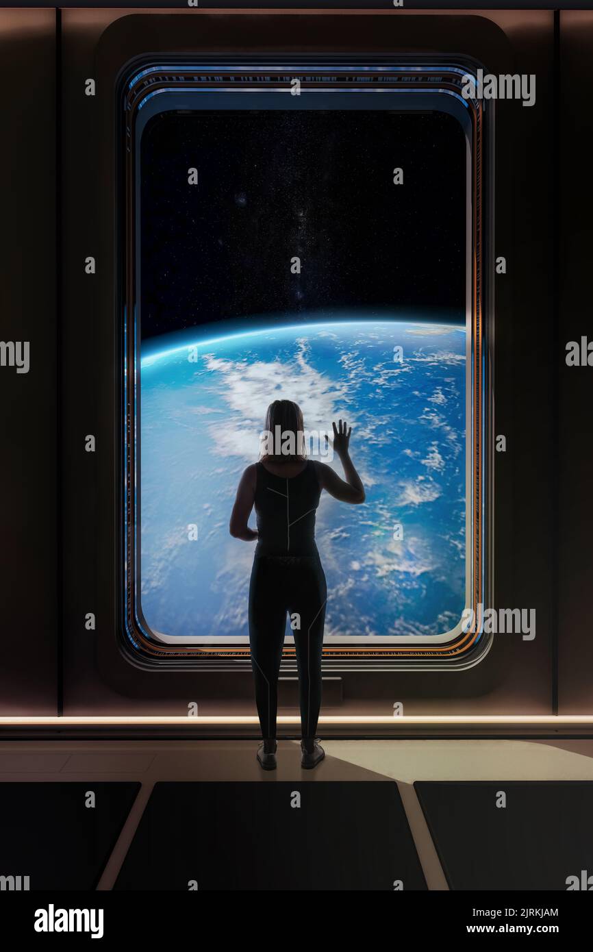 Female astronaut saying goodbye through Earth's window on her mission ...