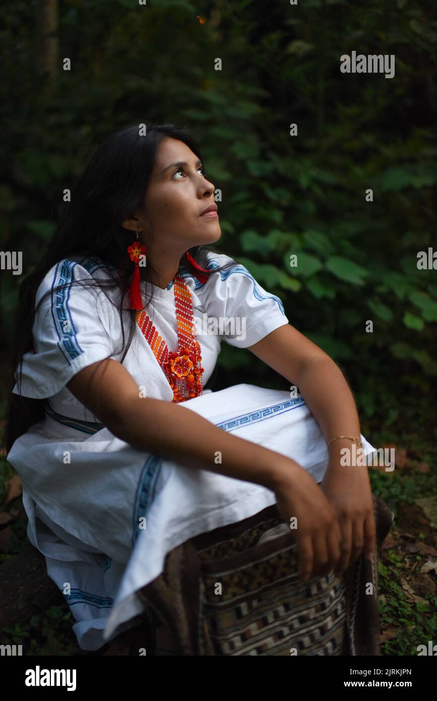 Portrait of contemplative and dreamy young Arhuaco indigenous woman in ...