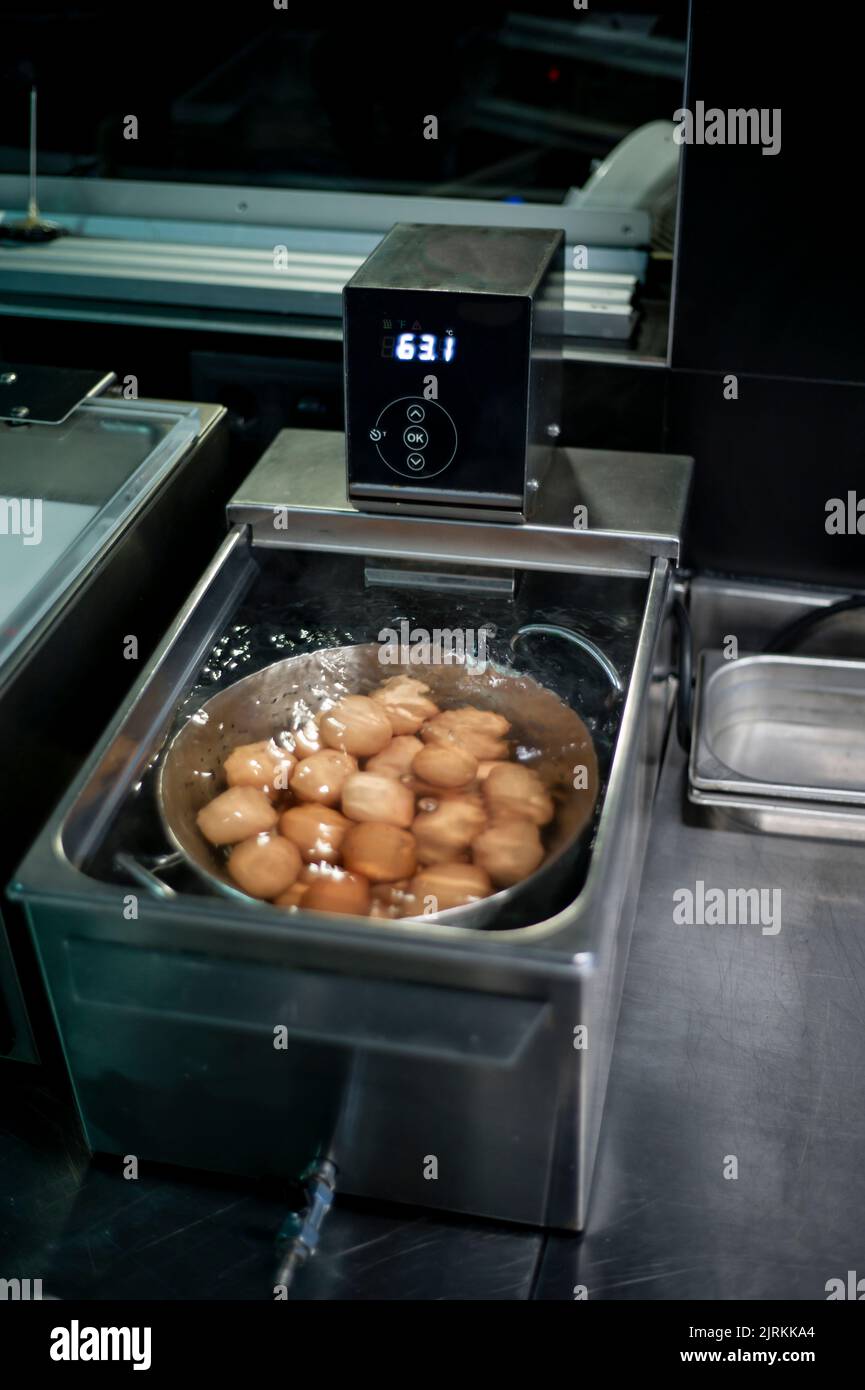 Chicken eggs cooking in sous vide with temperature controller on ...