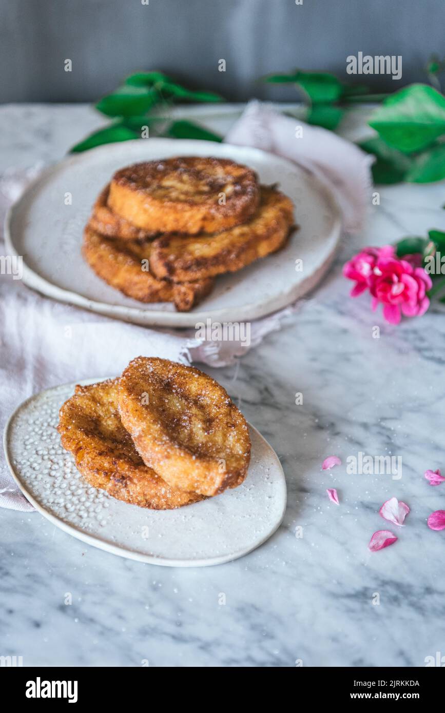 From above homemade traditional easter Spanish French toast dessert ...
