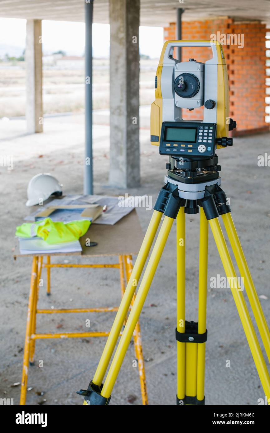 Measuring equipment (total station) at construction site prepared for ...
