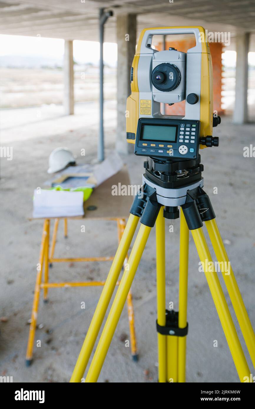 Measuring equipment (total station) at construction site prepared for ...