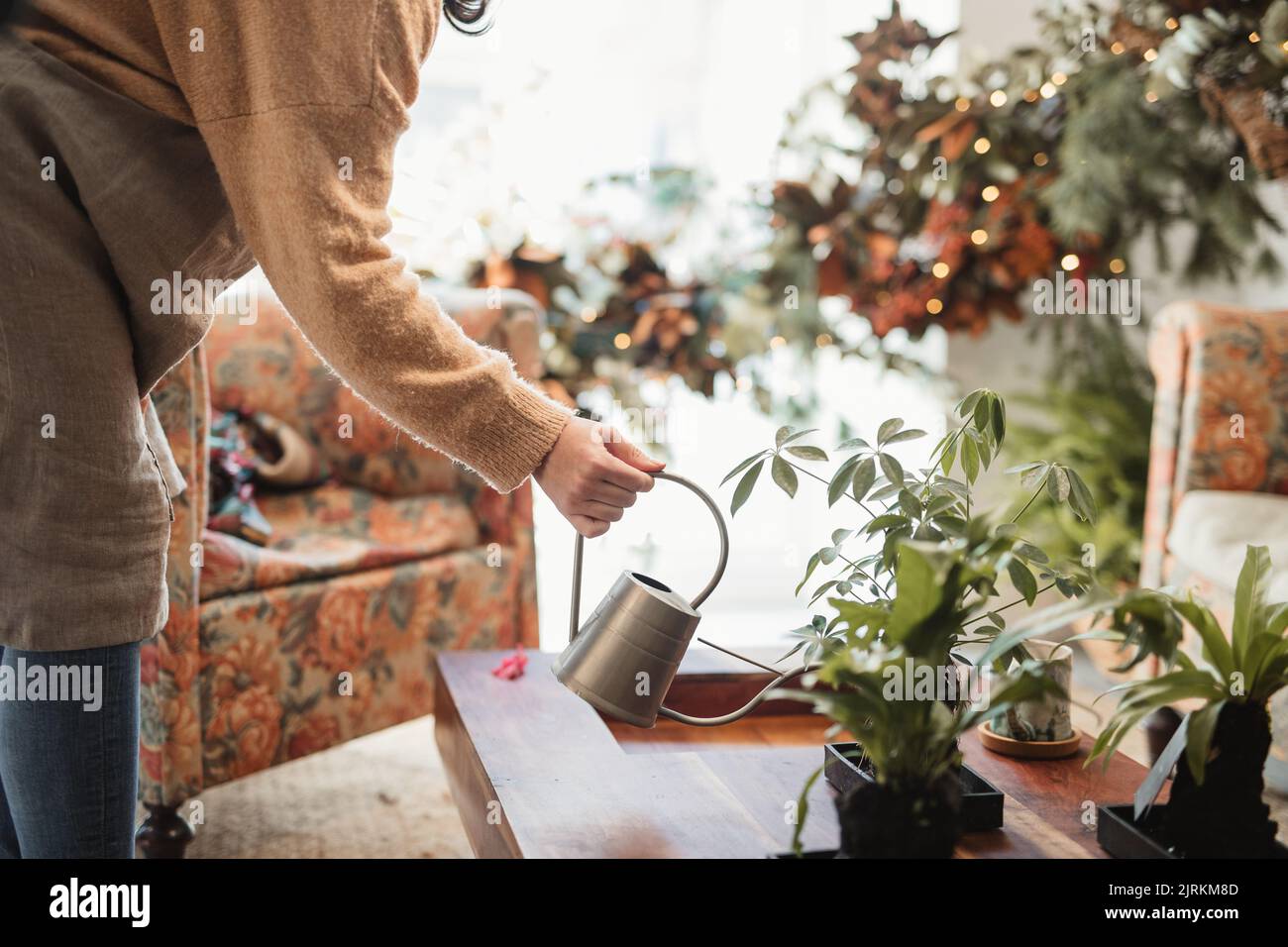 Side view of crop female in casual clothes and apron watering potted ...