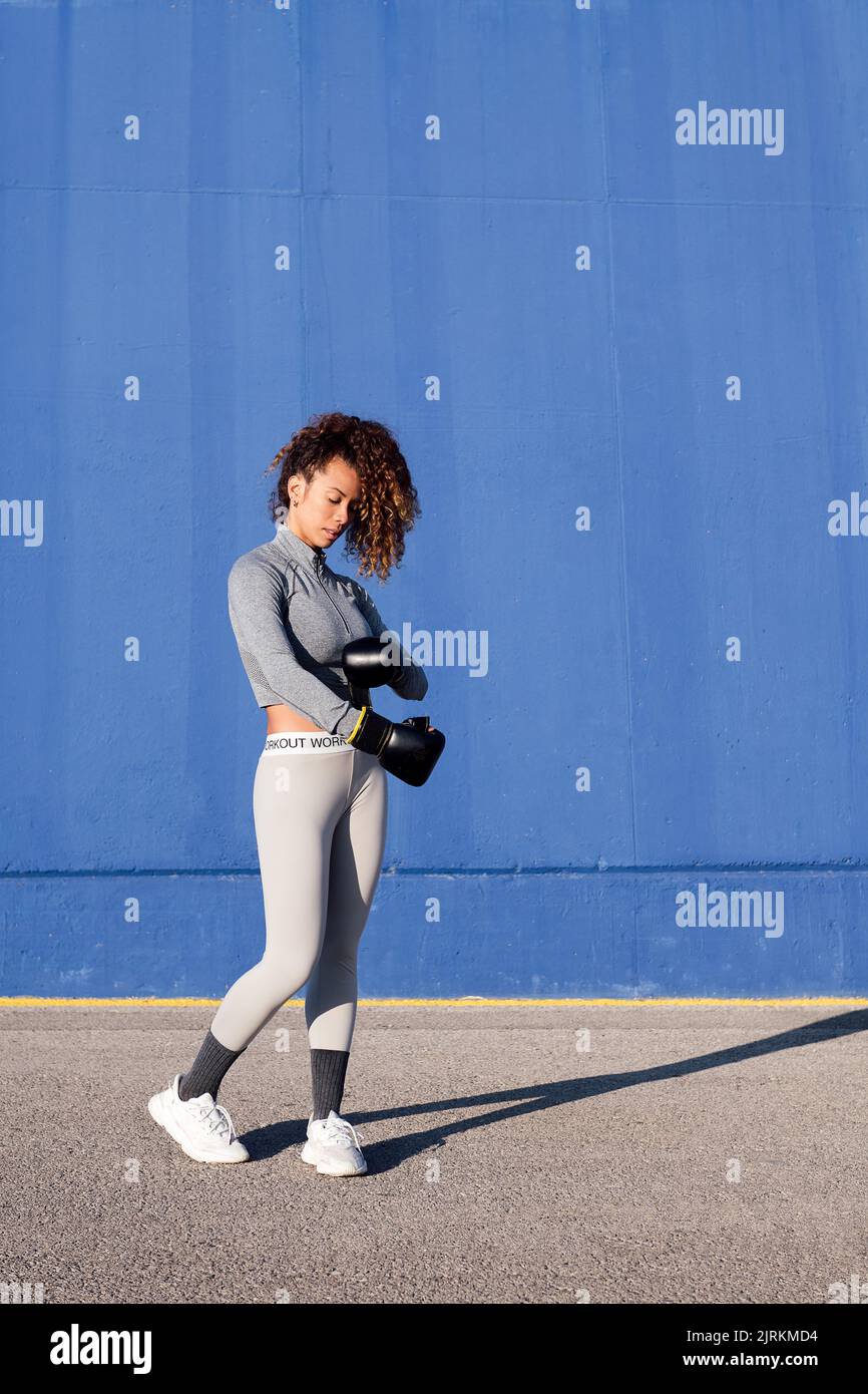 Side view of determined adult female boxer putting on boxing gloves ...