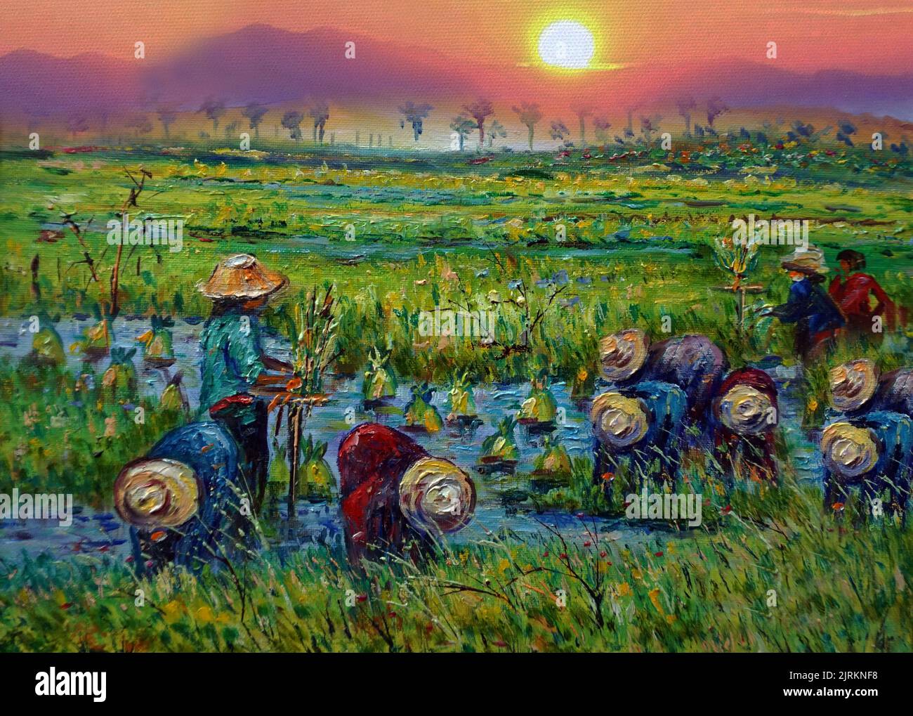 Art painting oil color Thailand Grow rice , Transplant rice seedlings ...