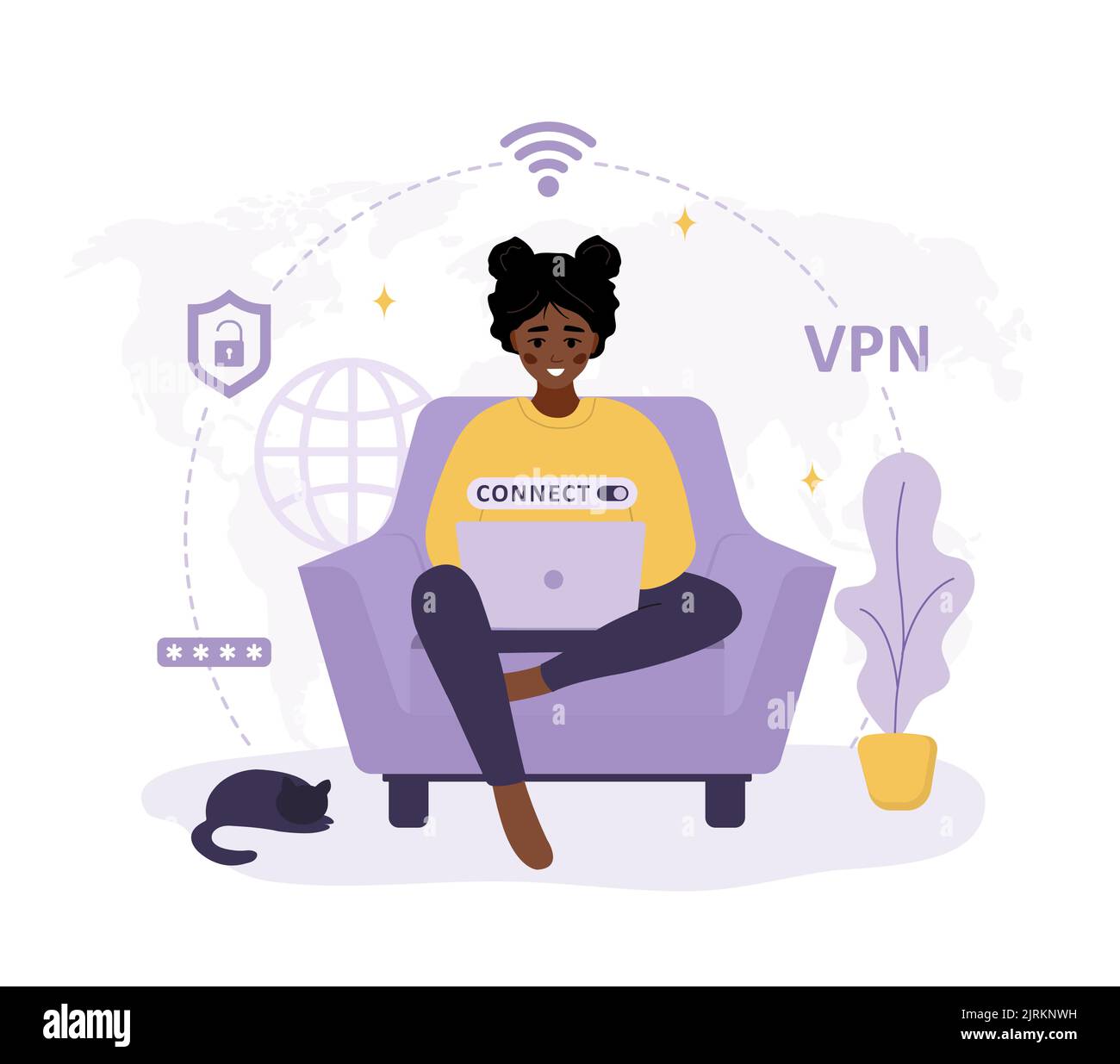 VPN service. African woman using virtual private network. Personal ...