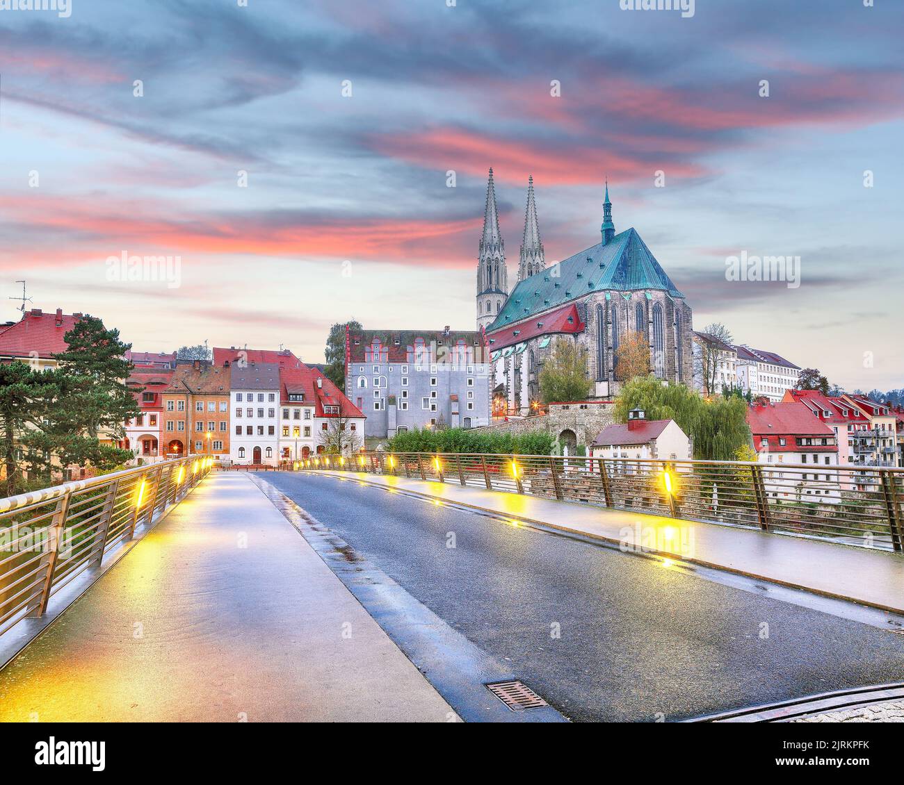 Colorful autumn cityscape of Gorlitz with parish church of St. Peter ...