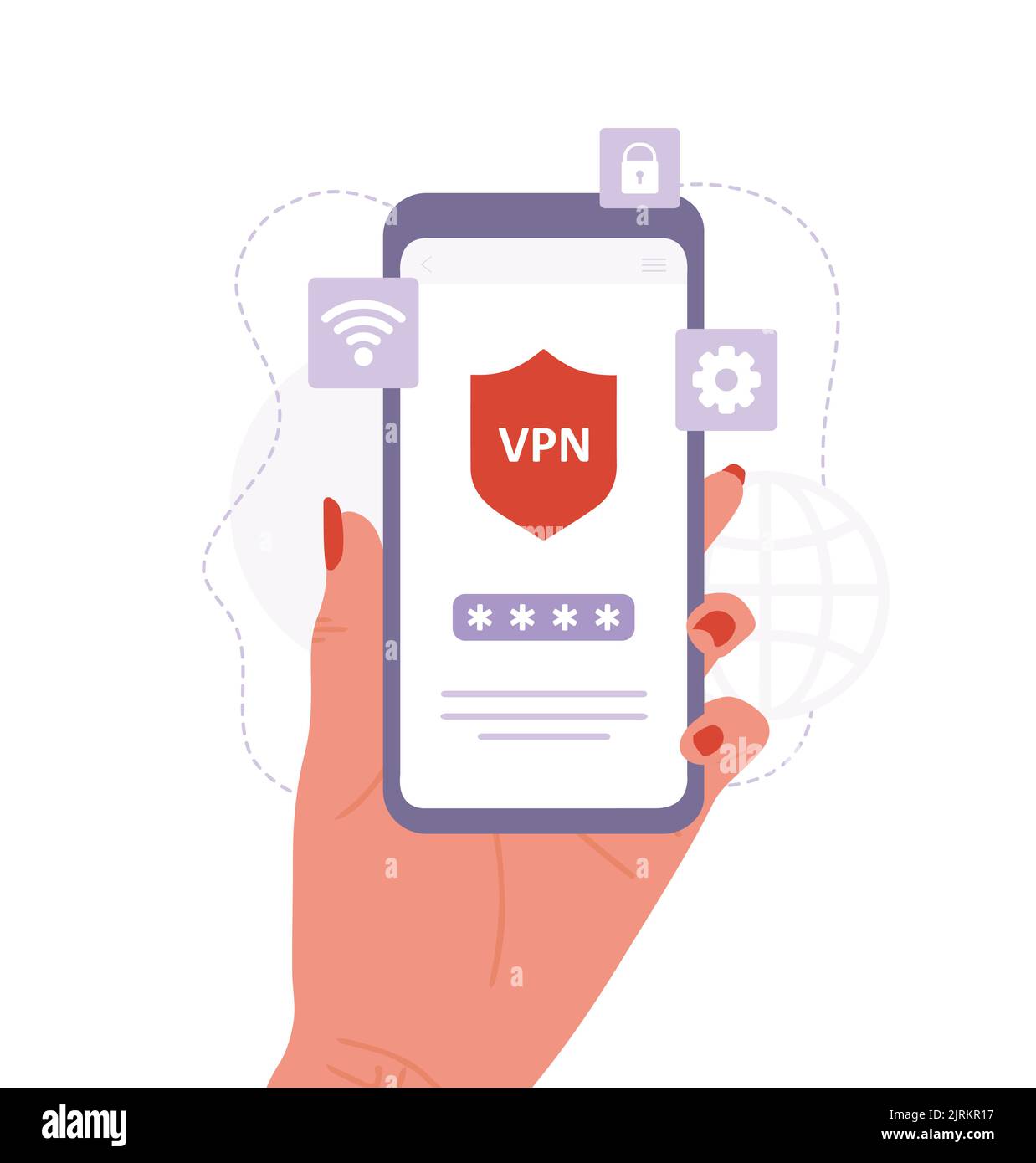 VPN connection. Female hand holding phone with virtual private network ...