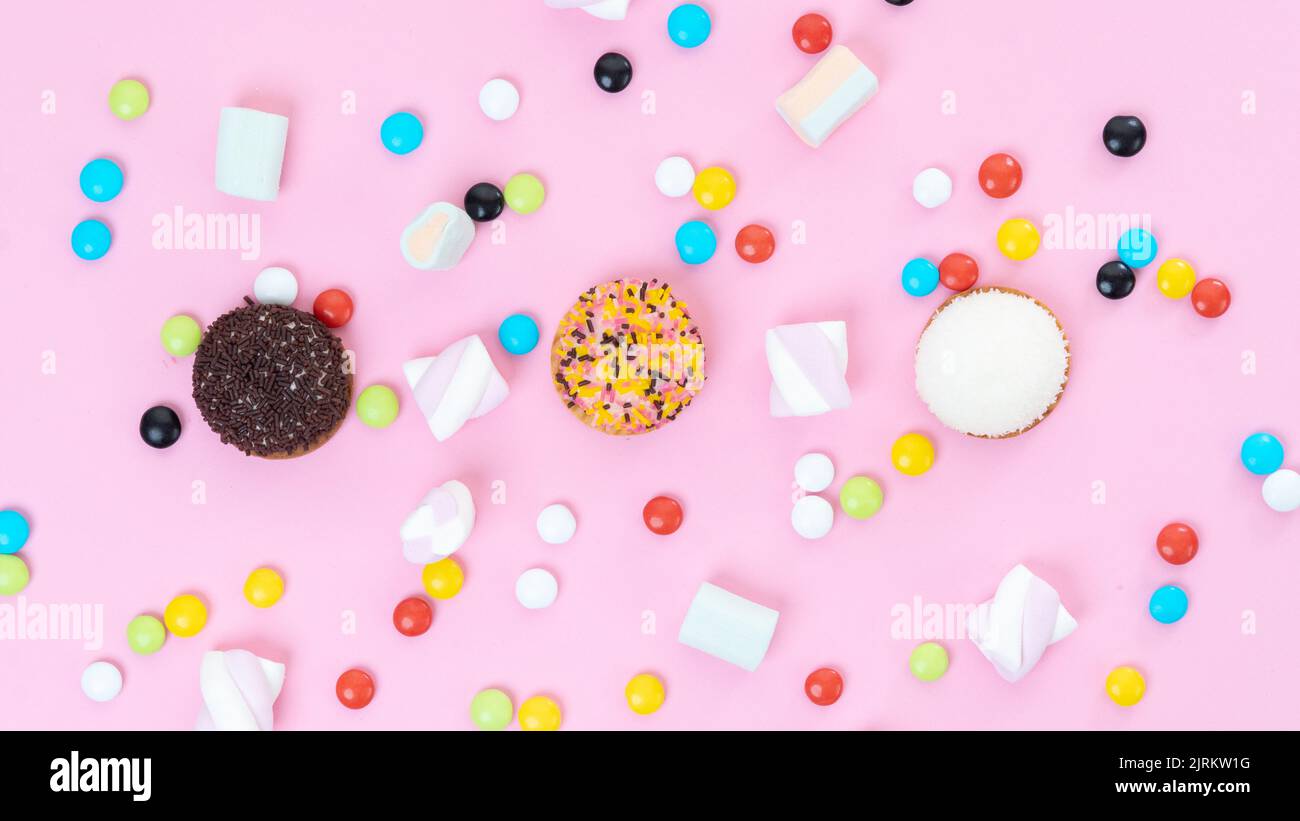 Pink sweets background - lozenges, cakes, sweets, marshmallows Stock ...