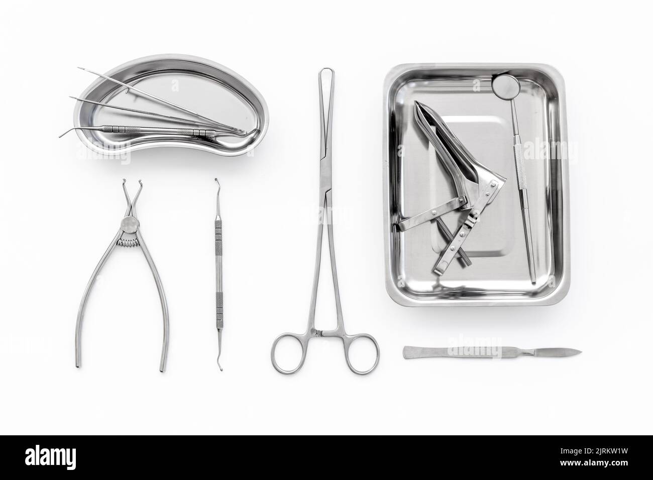 Medical steel equipment for surgery in tray. Healthcare background ...